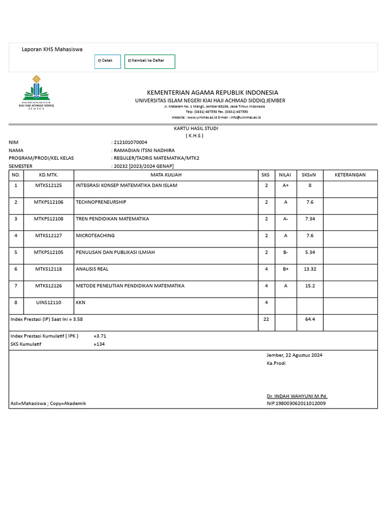 Laporan KHS KRS Mahasiswa | PDF