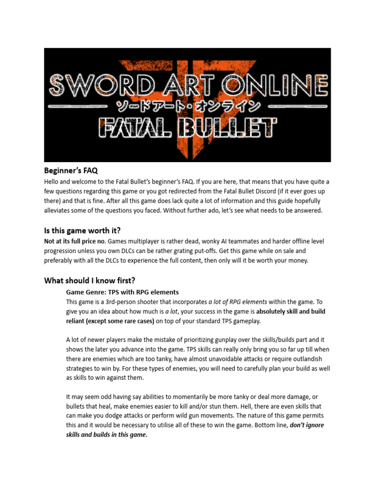SAO-Fatal Bullet Beginner's FAQ | PDF
