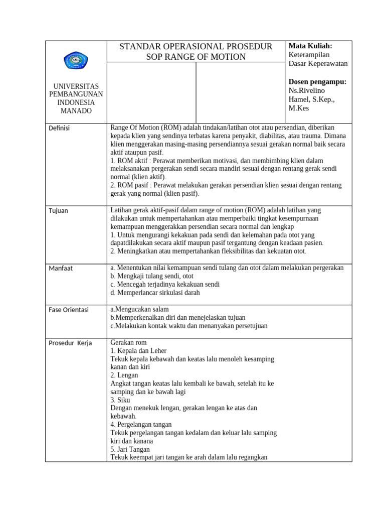 Standar Operasional Prosedur Sop Range of Motion: Definisi | PDF