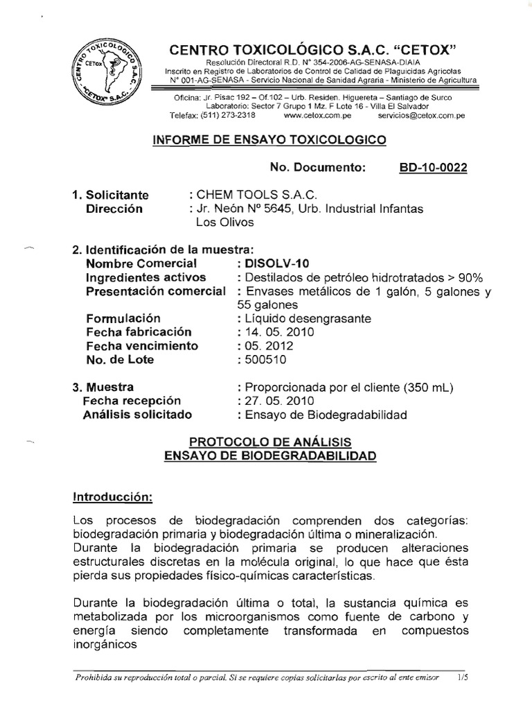 Biodegradabilidad Disolv-10 | PDF