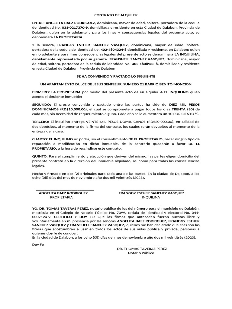 Contrato de Alquiler Dajabon | PDF