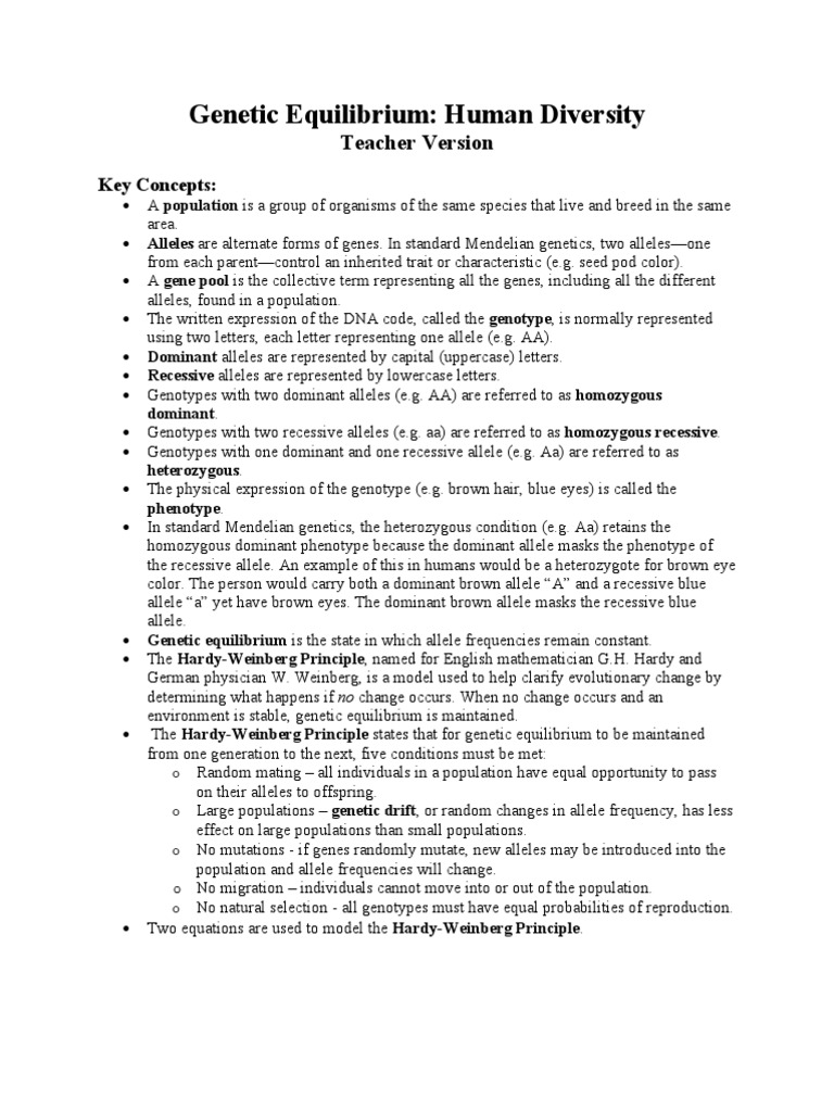 Genetic Equilibrium - Teacher Version | PDF | Zygosity | Dominance ...