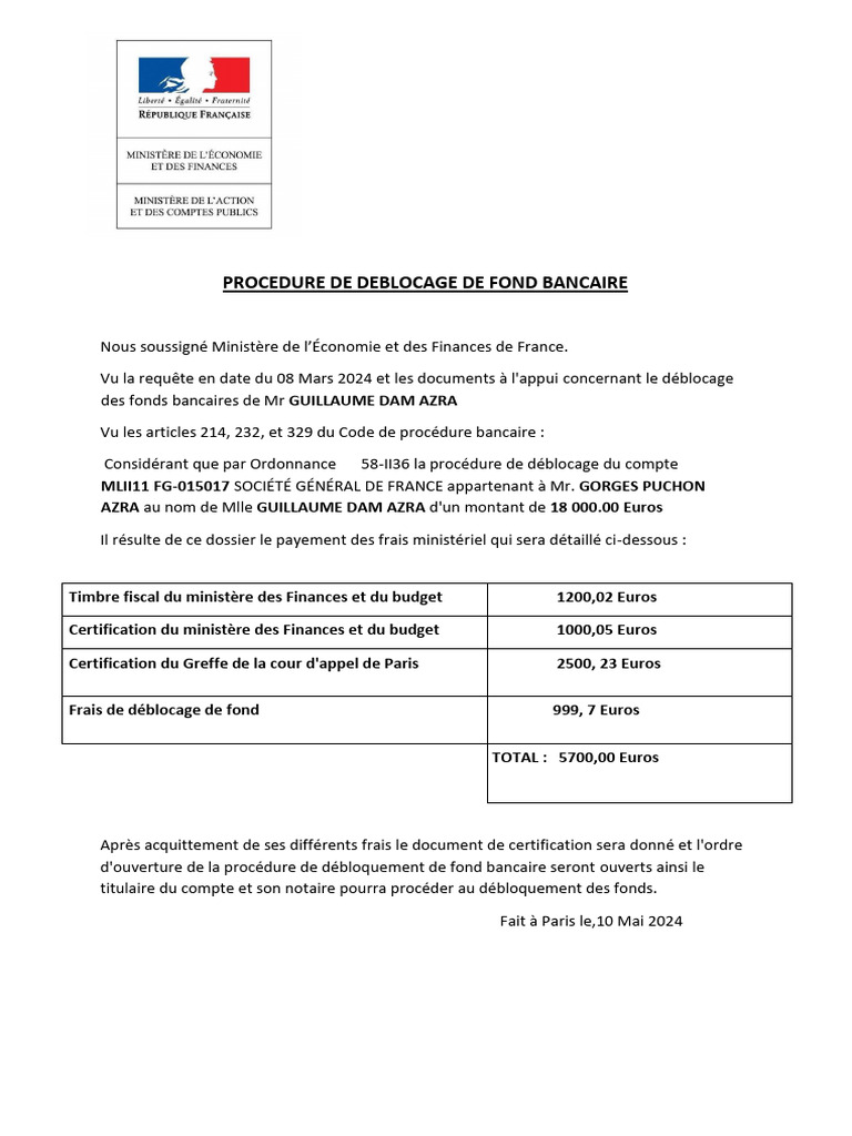 Procedure de Deblocage de Fond Bancaire: Nous Soussigné Ministère de L'économie Et Des Finances ...