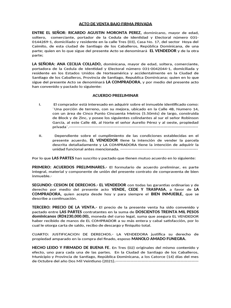 Acto de Venta Bajo Firma Privada - R Monta | PDF