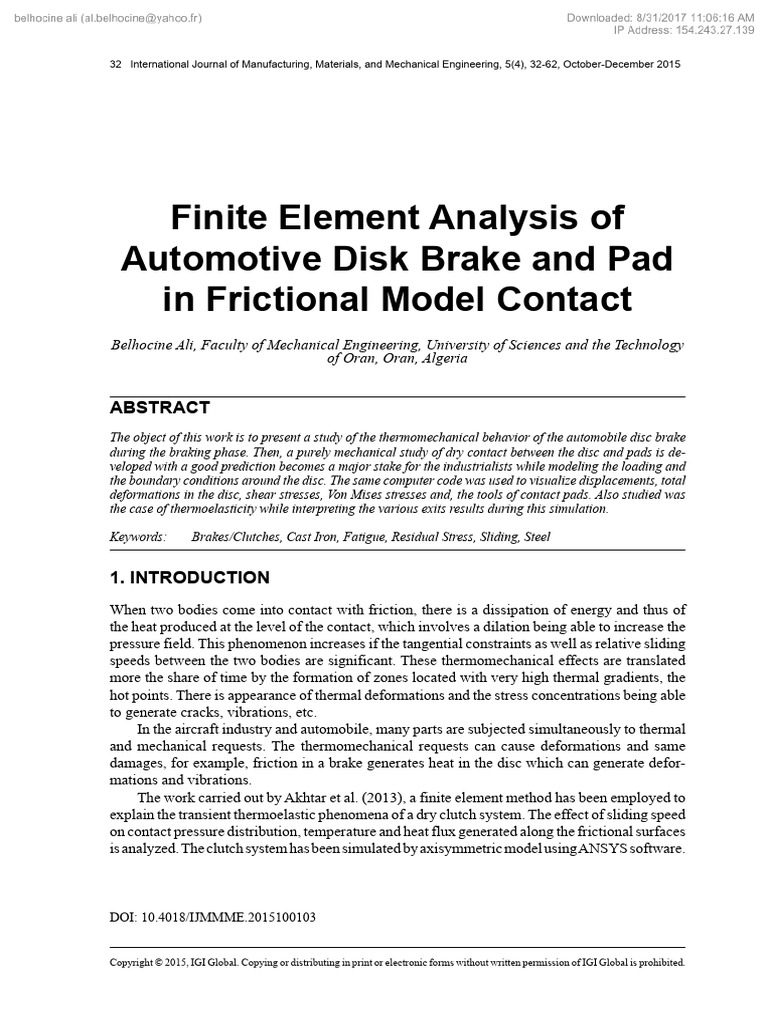 Finite Element Analysis of Automotive Disk Brake and Pad in Frictional Model Contact | PDF