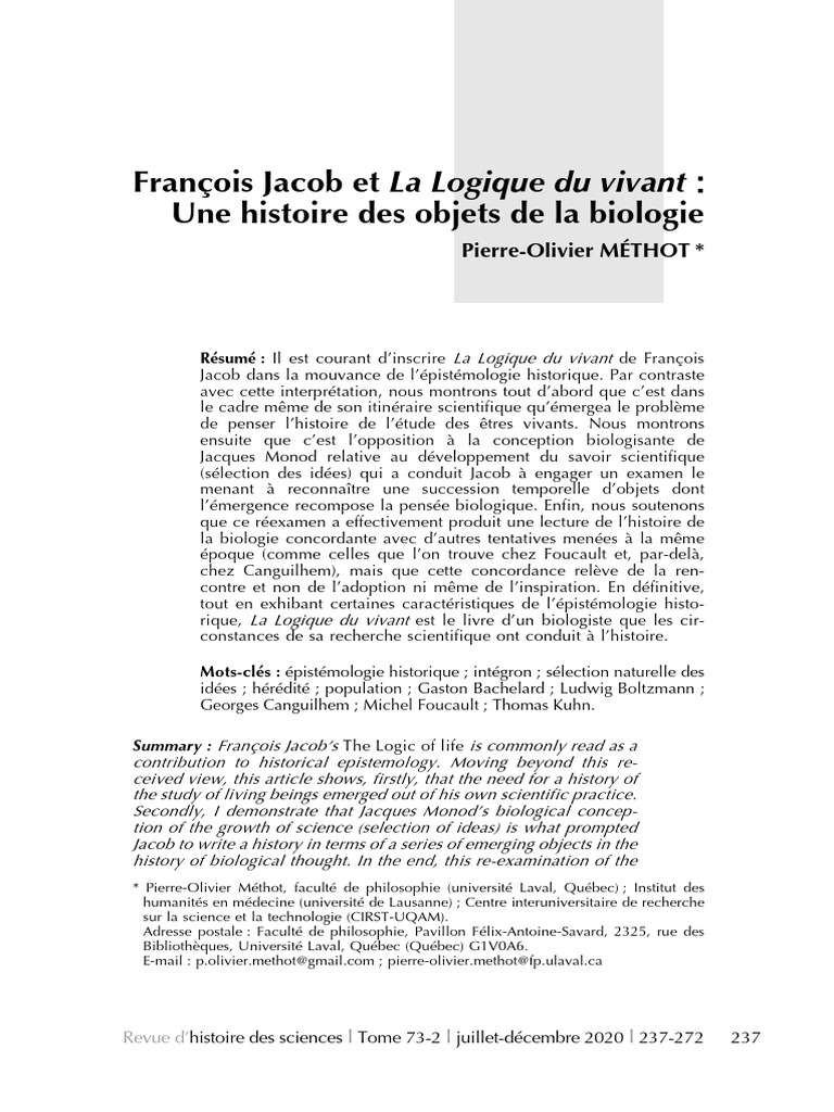 Francois Jacob Et Ila Logique Du Vivanti Une Histoire Des Objets de La ...