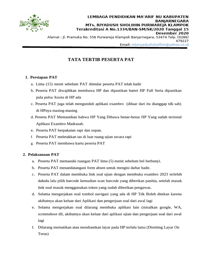 Tata Tertib Peserta Ujian Pat 2023 | PDF