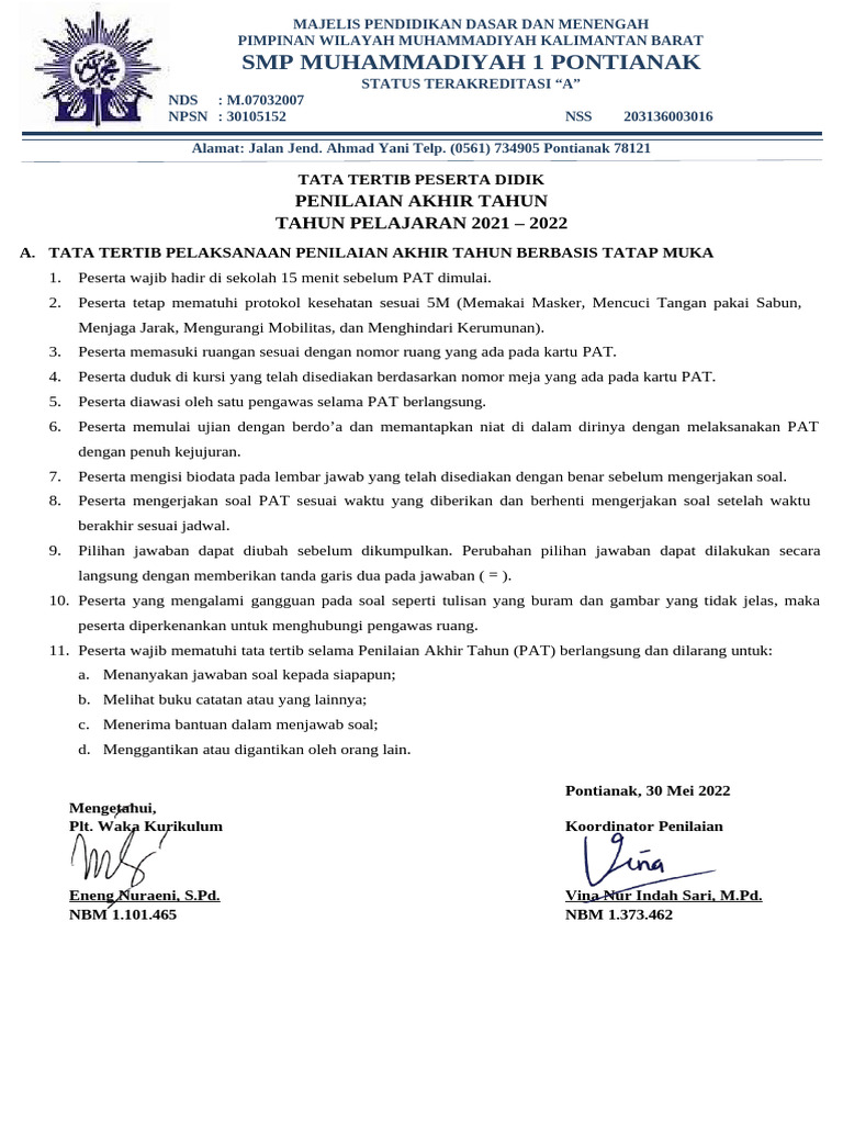 Tata Tertib Peserta Didik PAT 2021 2022 | PDF
