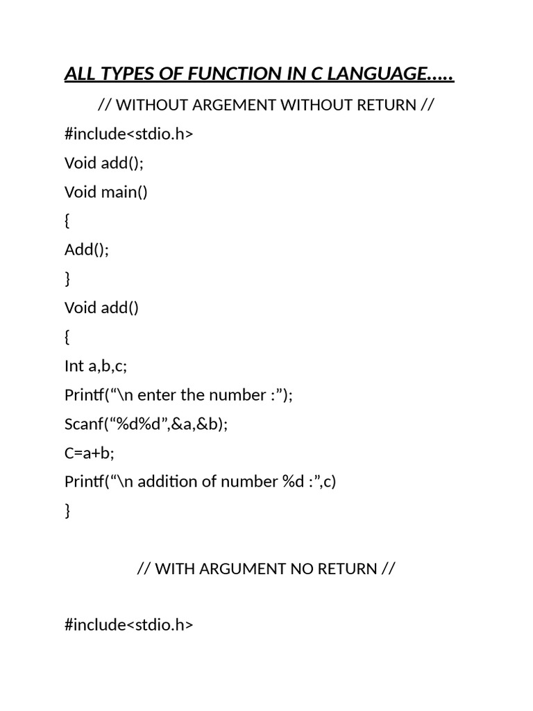 All Types of Function in C Language | PDF