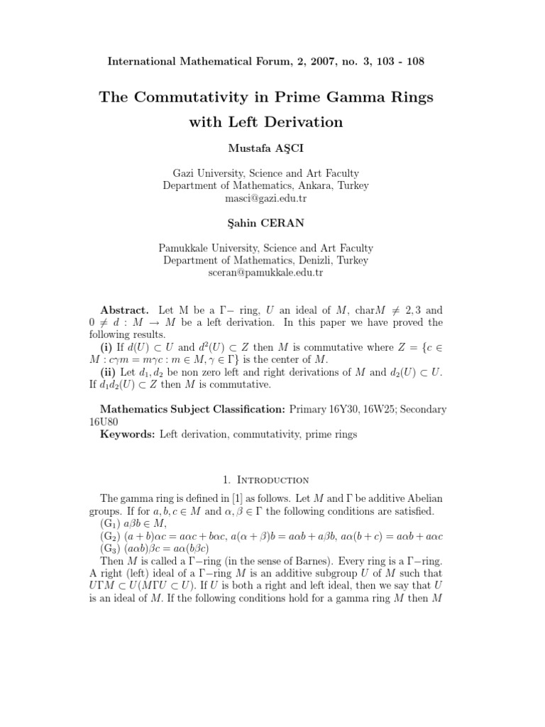 The Commutativity in Prime Gamma Rings | PDF | Ring (Mathematics) | Abstract Algebra