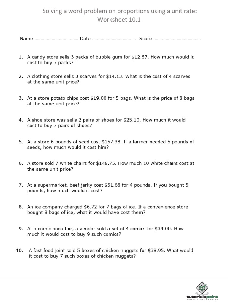 Solving Word Problem On Proportions Using Unit Rate Worksheet10 1 | PDF