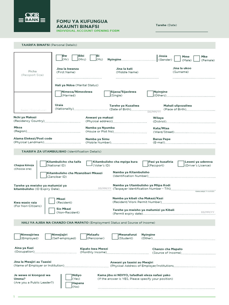 CRDB Individual Account Opening Form | PDF | Financial Services