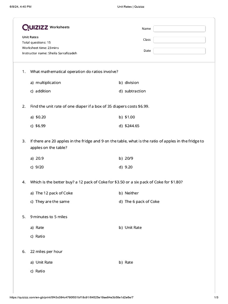 Quizizz - Unit Rates | PDF