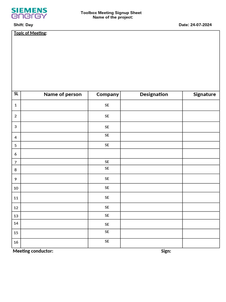 Siemens TBT Meeting Signup Sheet-Day Shift | PDF