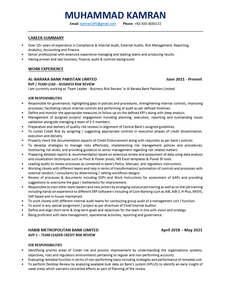 Curriculum Vitae - Muhammad Kamran 2024-1 | PDF | Internal Audit | Business