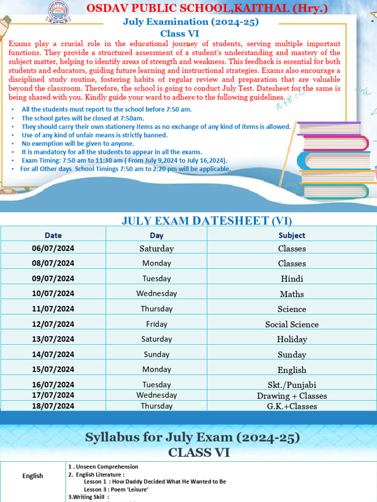Class 6 July Exam Datesheet & Syllabus | PDF