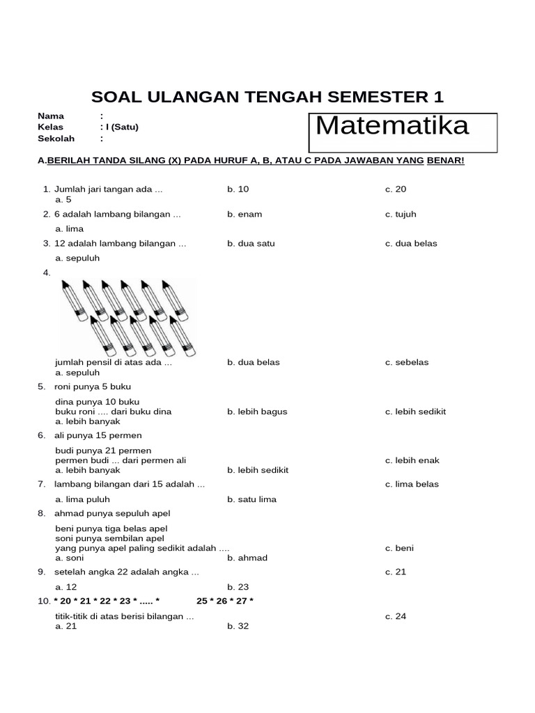 Soal UTS Matematika Kelas 1 SD Semester 1 Ganjil Dan Kunci Jawaban | PDF