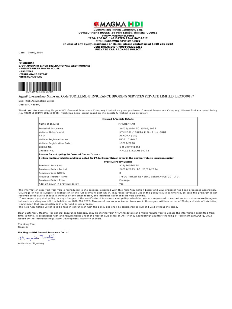 Agent/ Intermediary Name and Code:TURTLEMINT INSURANCE BROKING SERVICES ...