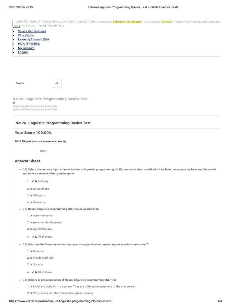 Neuro-Linguistic Programming Basics Test - Vskills Practice Tests5 ...