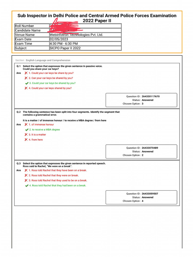 SSC Cpo Paper 2 Answer Key | PDF