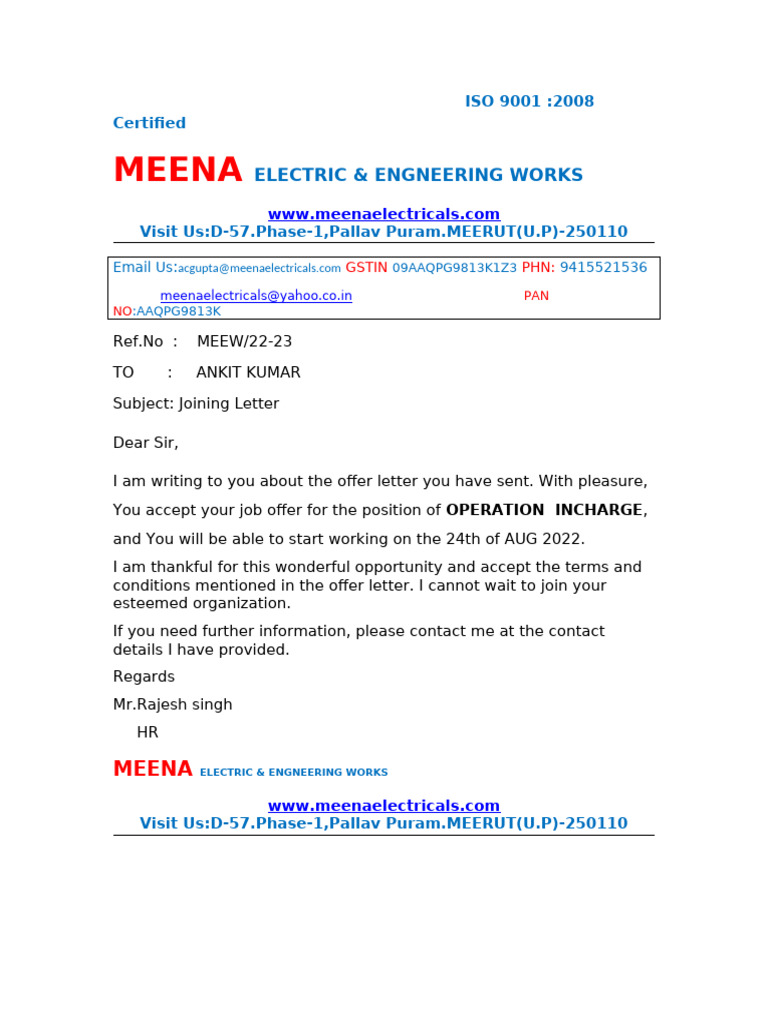 Joining Letter (1) Meena | PDF