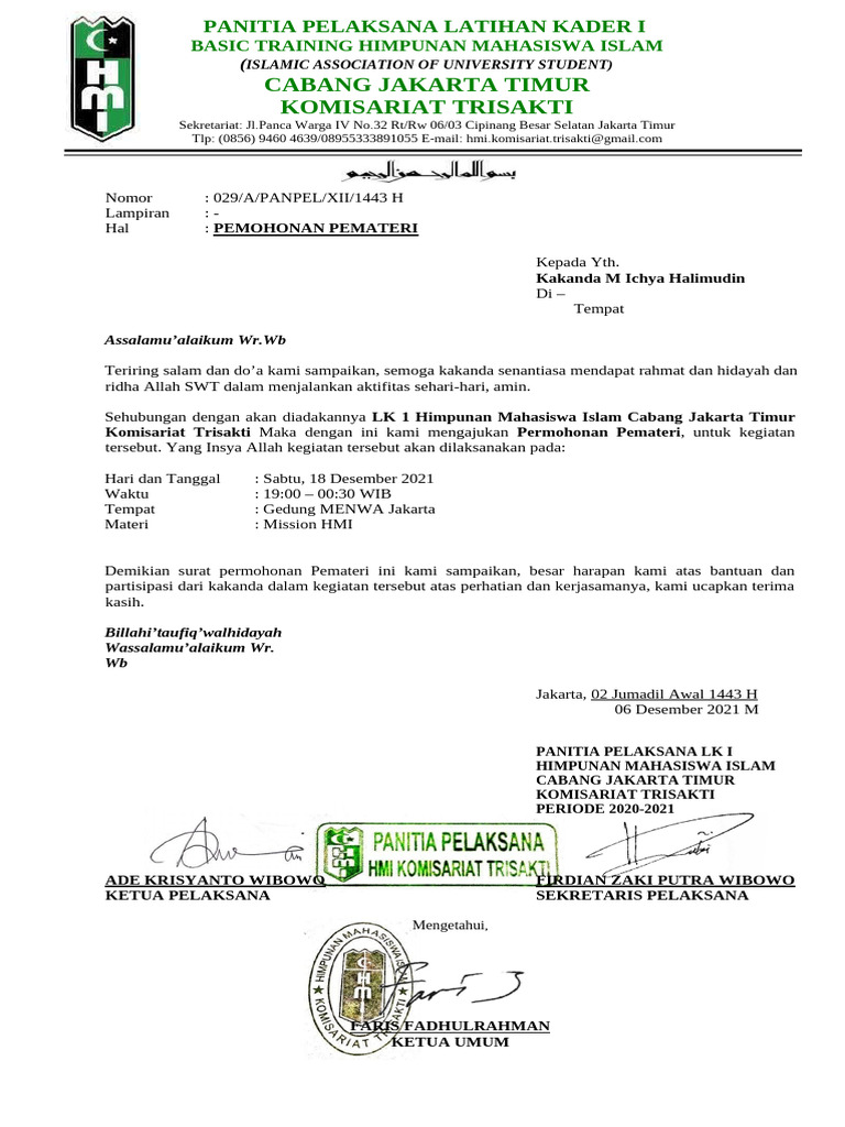 Permohonan Pemateri Mission HMI | PDF