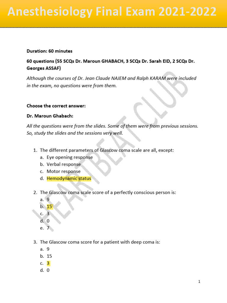 Anesthesia Exam Question Bank 2021-2022 | PDF | Vein | Science ...