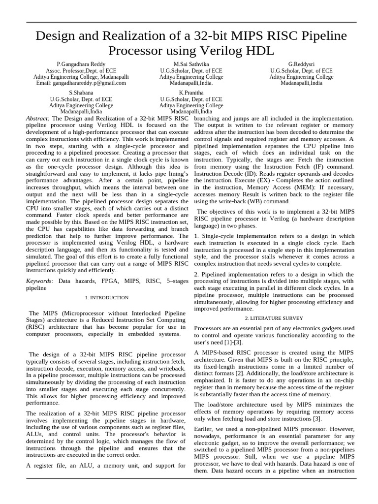 Design and Realization of A 32-Bit MIPS RISC Pipeline Processor Using Verilog HDL | PDF