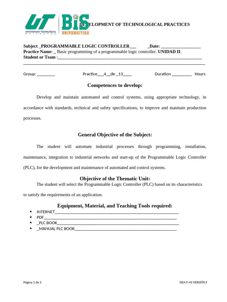 DEA-F-43F Practice # 4, Basic Prog of A Progra Logic Contr, 2024 | PDF | Programmable Logic ...