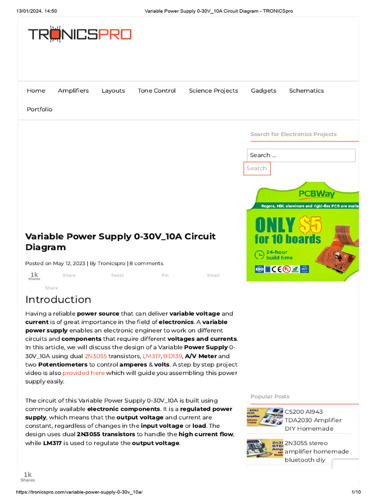 Variable Power Supply 0-30V - 10A Circuit Diagram - TRONICSpro | PDF