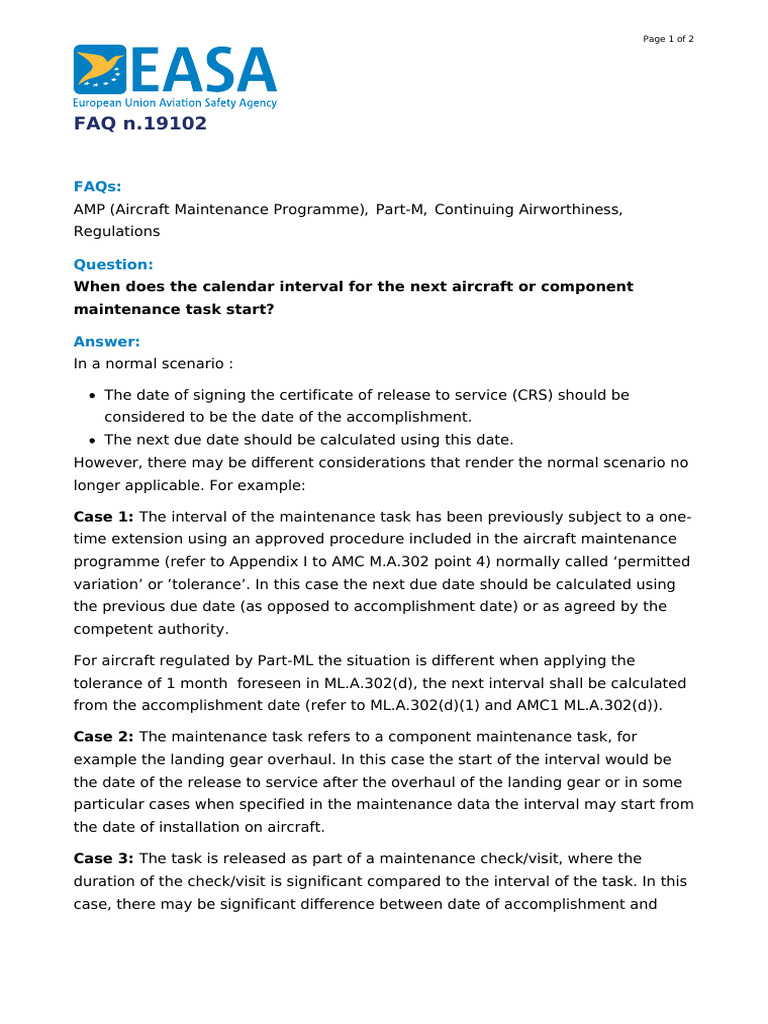 EASA - When Does The Calendar Interval For The Next Aircraft or ...