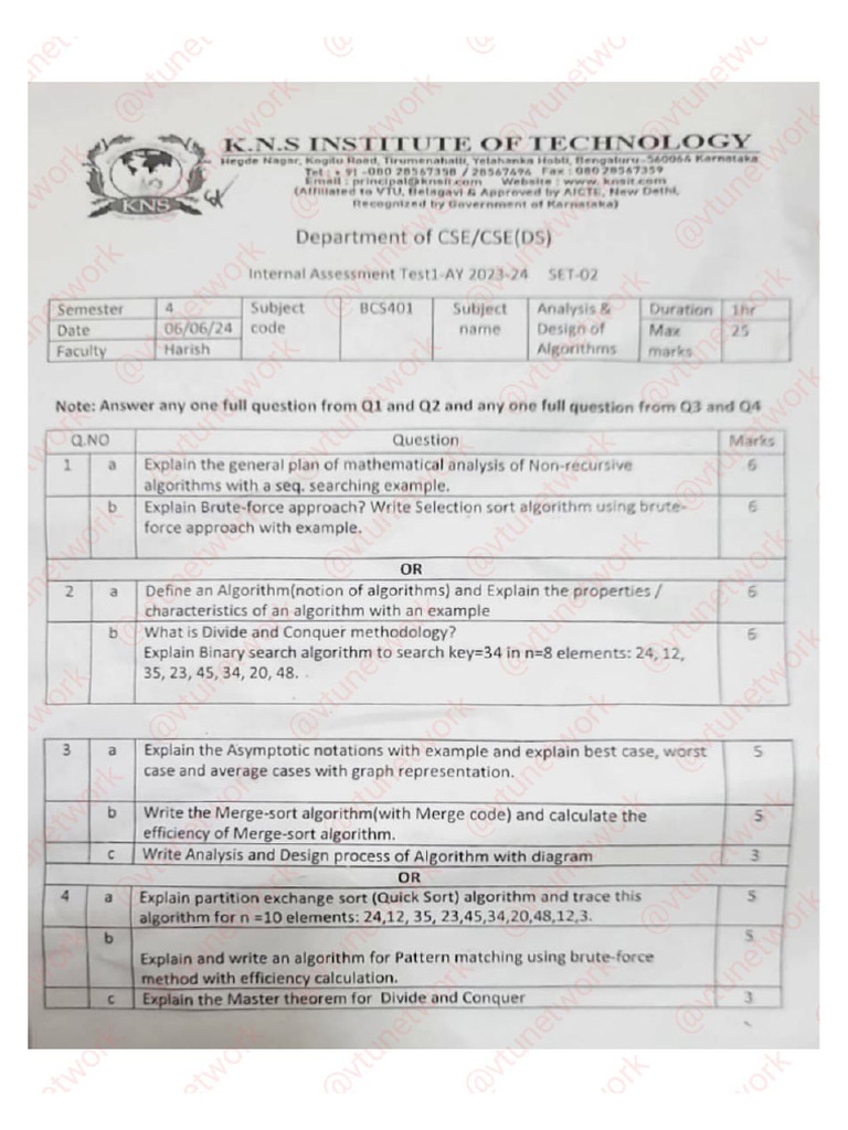 ADA, MC, BIO SEM IV IA - QP @vtunetwork | PDF