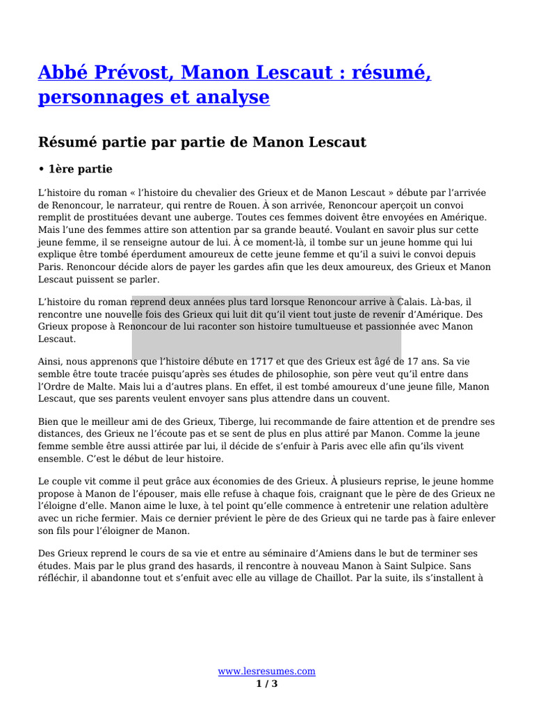 Abbe Prevost Manon Lescaut Resume Personnages Et Analyse | PDF
