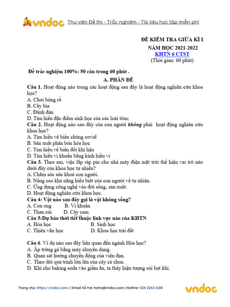 De Thi Giua Hoc Ki 1 Khoa Hoc Tu Nhien 6 Sach CTST | PDF