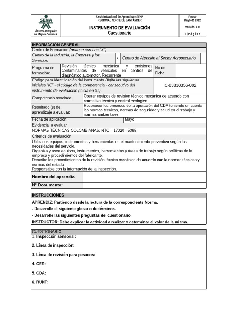 Instrumento - Cuestionario Ntc-17020-5385 - Actividad 02 Cda 60hr Mayo | PDF | Evaluación