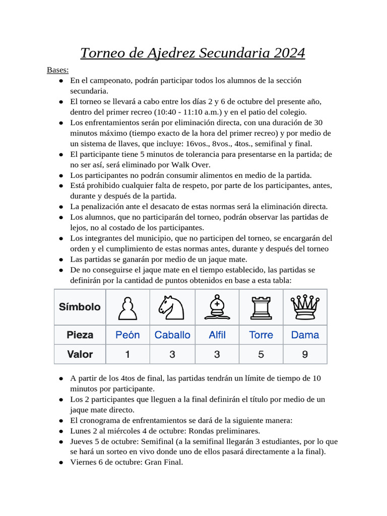 Bases de Torneo de Ajedrez Secundaria 2023 | PDF