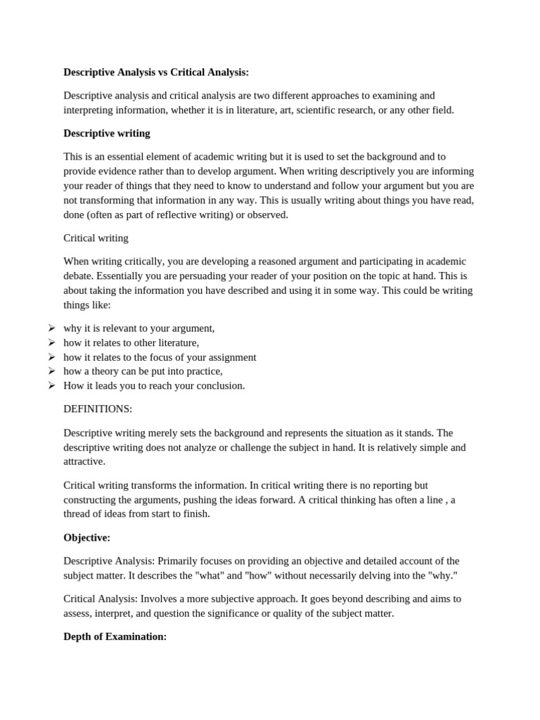Descriptive Analysis Vs Critical Analysis | PDF