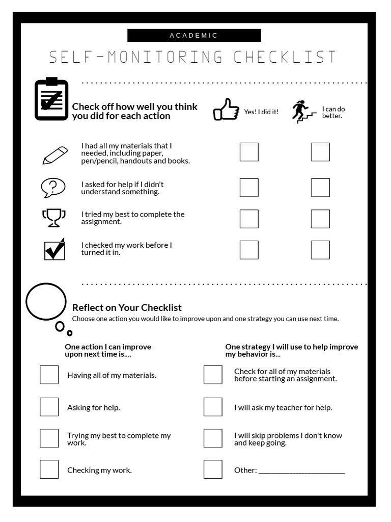 Self-Monitoring Checklist: Check Off How Well You Think You Did For ...