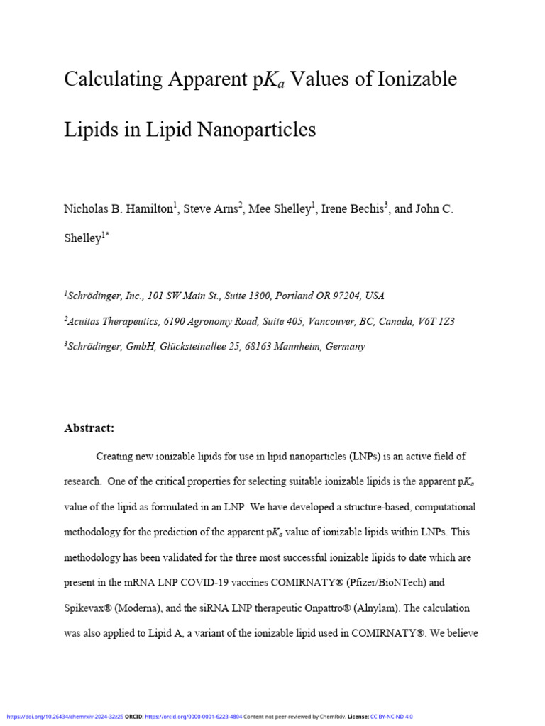 Calculating Apparent PKa Values of Ionizable Lipids in Lipid ...