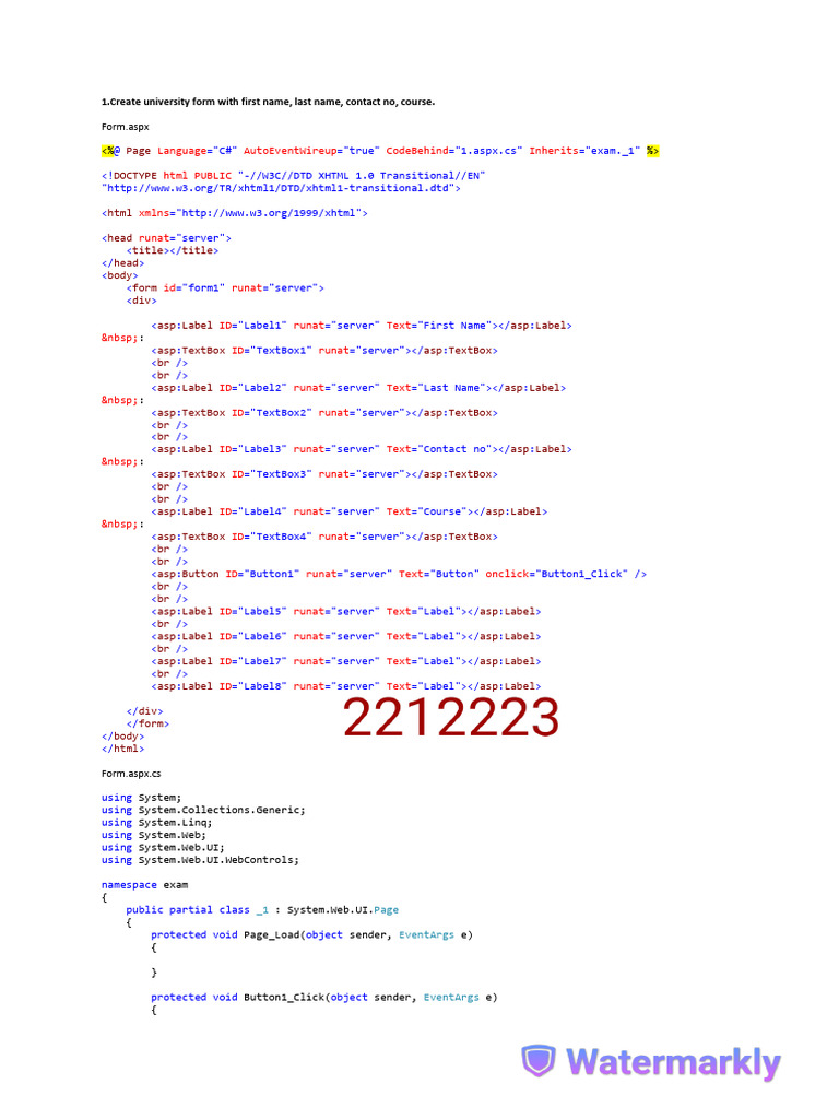 Form - Aspx: 1.create University Form With First Name, Last Name ...
