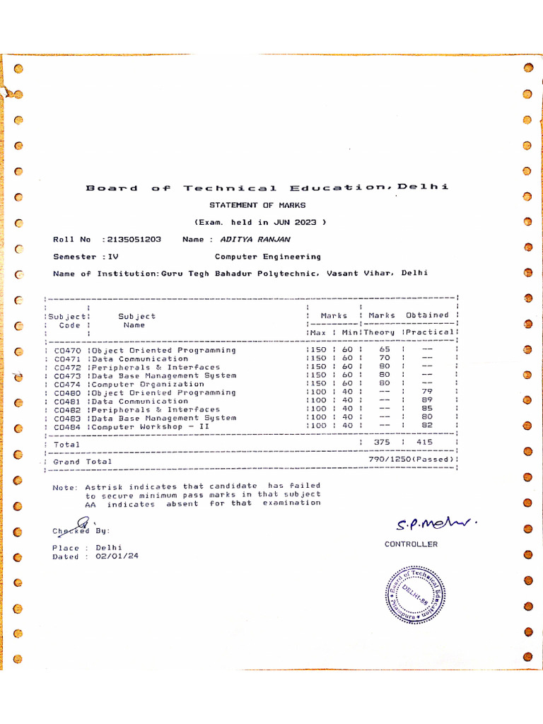 Dip 4th Sem Marksheet | PDF