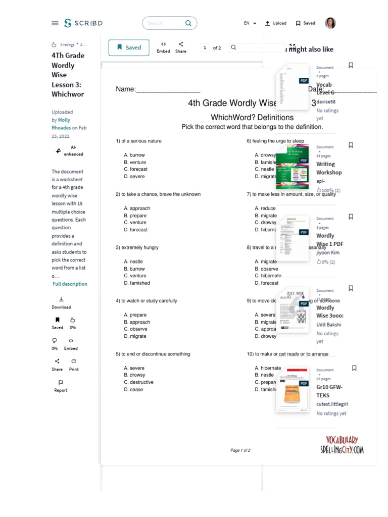 4Th Grade Wordly Wise Lesson 3: Whichword? Definitions - PDF | PDF