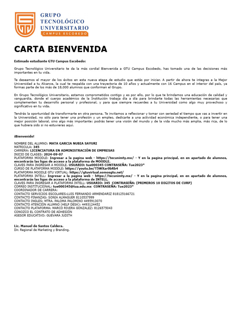 Carta Bienvenida | PDF