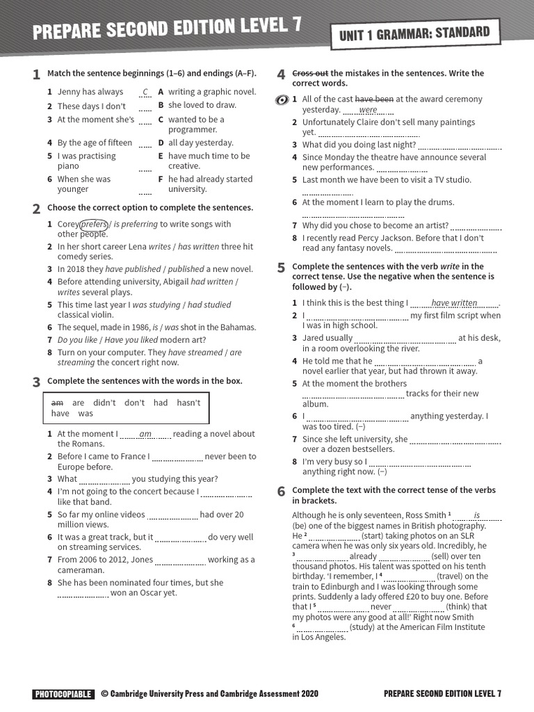 PREPARE 7 Grammar Standard Unit 01 | PDF