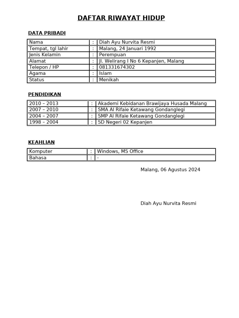 Daftar Riwayat Hidup Vieta | PDF