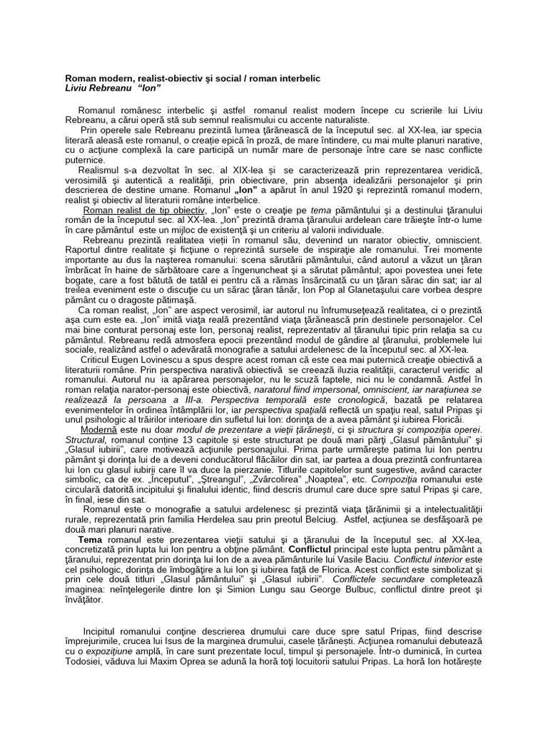Liviu Rebreanu "Ion": Roman Modern, Realist-Obiectiv Şi Social / Roman ...