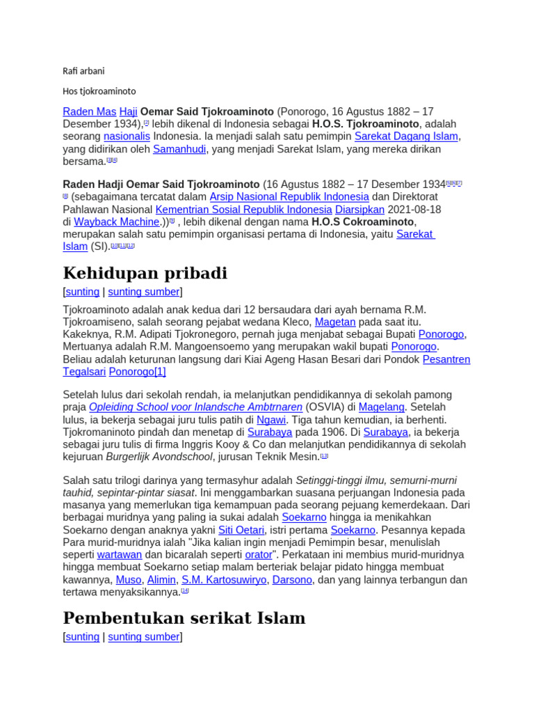 Rafi Arbani Hos Tjokroaminoto | PDF | Indonesia | Politics