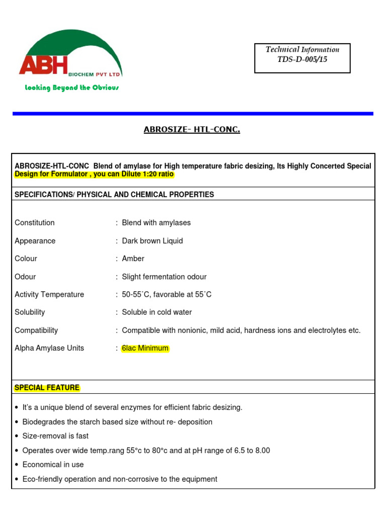 Technical Data Sheet of Desizer | PDF | Cooking, Food & Wine