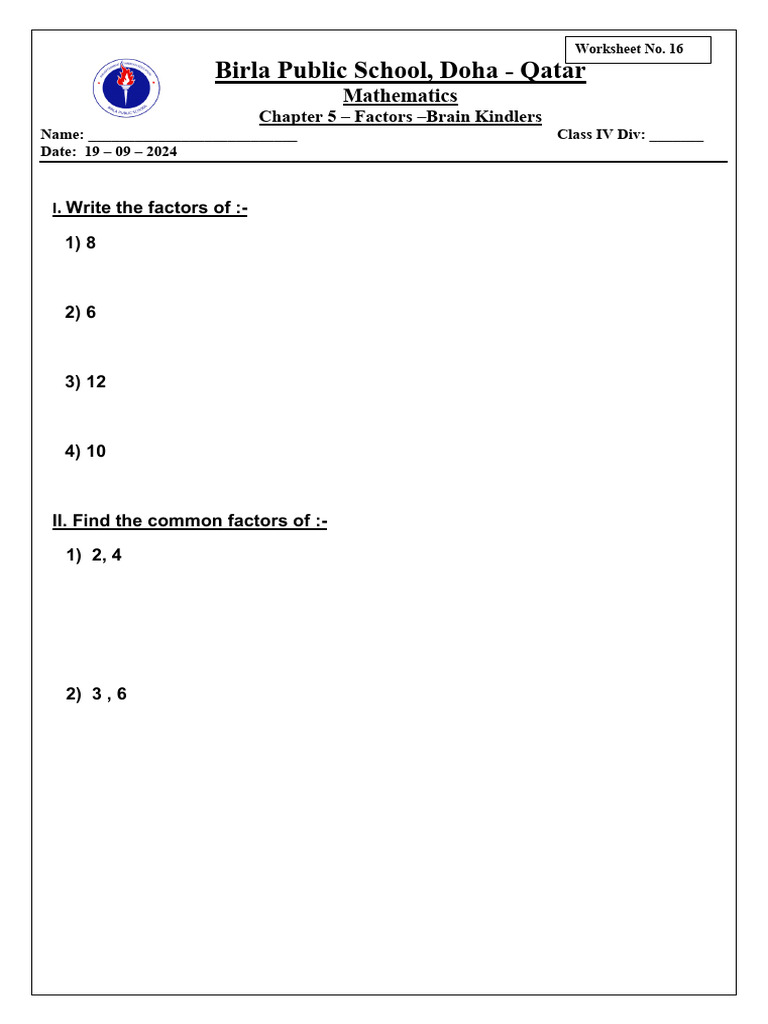 Class 4 Mathematics WS Factors | PDF