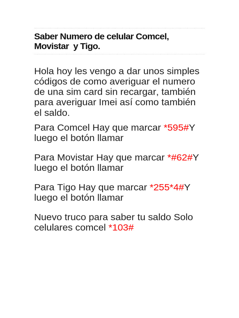 Saber Numero de Celular Comcel | PDF